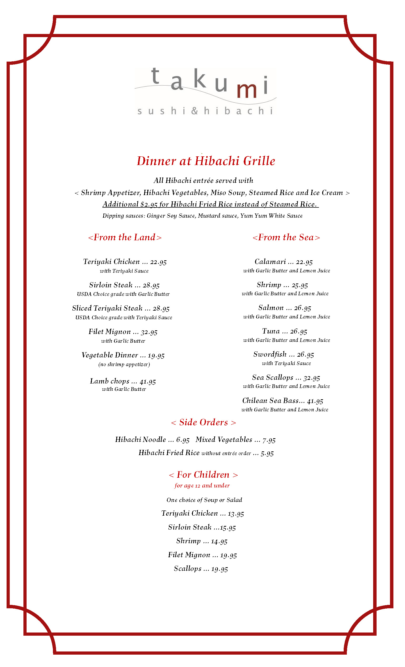Hibachi dinner menu – Takumi Sushi & Hibachi