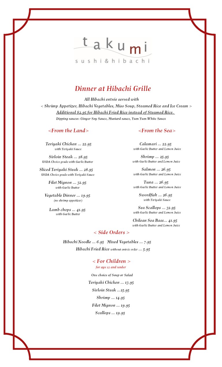 Hibachi dinner menu – Takumi Sushi & Hibachi